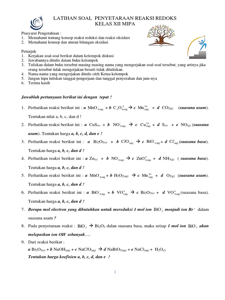 Latihan Soal Penyetaraan Reaksi Redoks Kelas XII Mipa Tahun 2023 | PDF