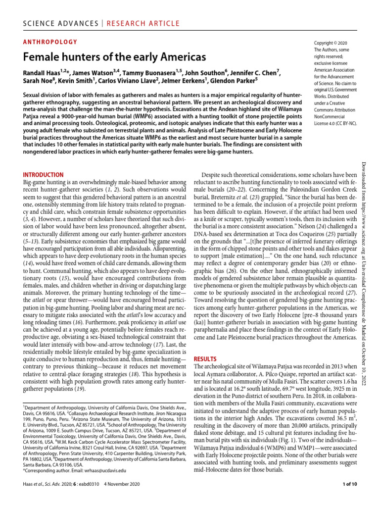 Female Hunters of The Early Americans - Haas Et Al - 2020 | PDF