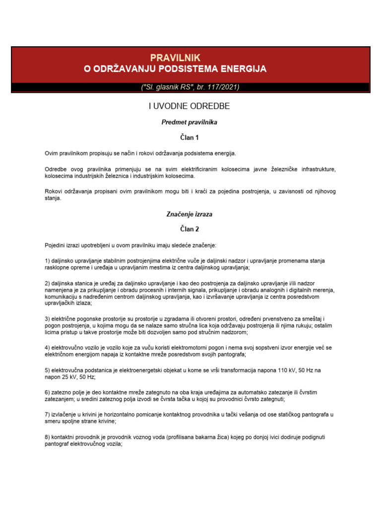 Pravilnik o Održavanju Podsistema Energija | PDF