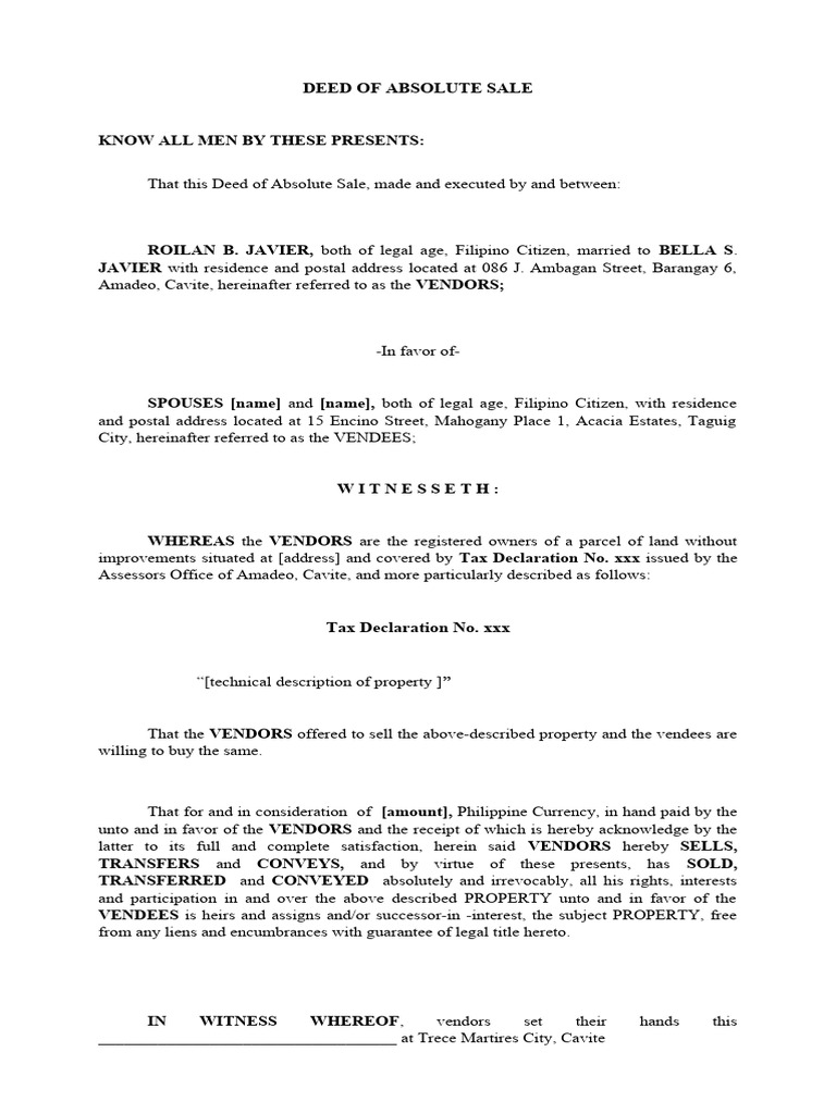 Deed of Absolute Sale-Template | PDF Deed of Absolute Sale-Template | PDF