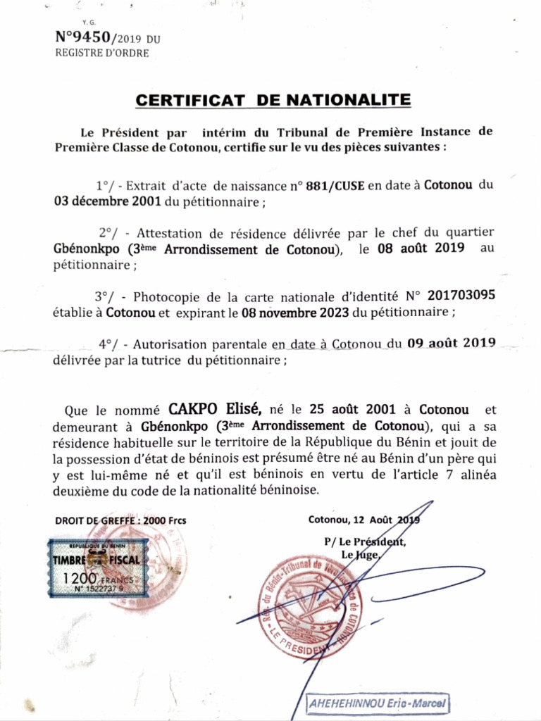 Certificat de Nationalité | PDF