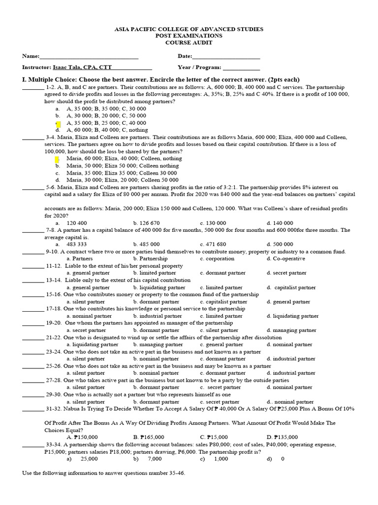 Course Audit Partnership PART 1 | PDF | Partnership | Limited Partnership
