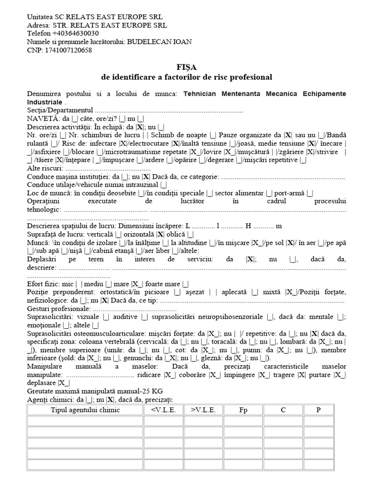 Fisa de Identificare A Factorilor de Risc Profesional - NOUA - MUNCITOR NECALIFICAT | PDF
