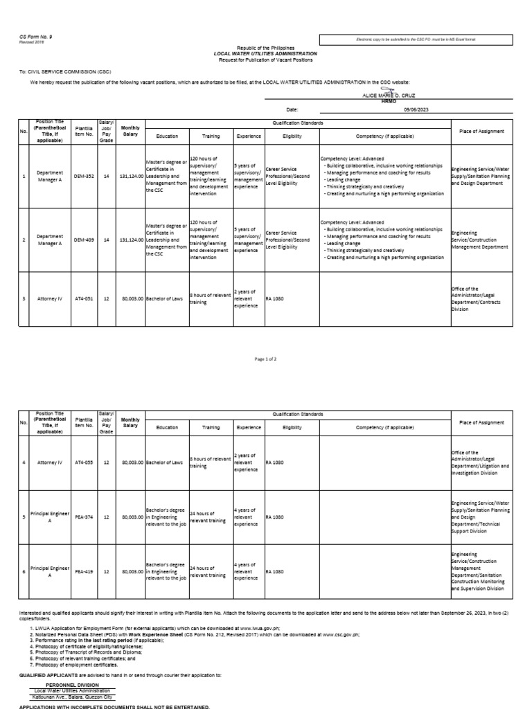 Publication of Vacant Positions (6 September 2023) - Batch 48 (1) | PDF
