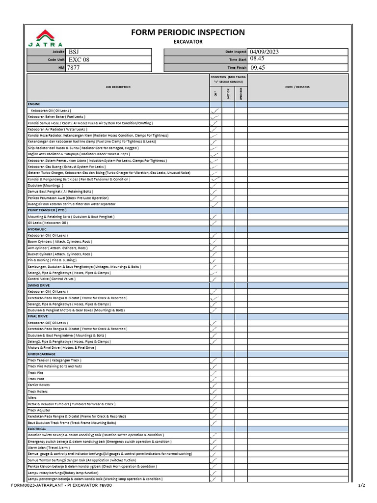 Inspeksi Berkala Excavator | PDF
