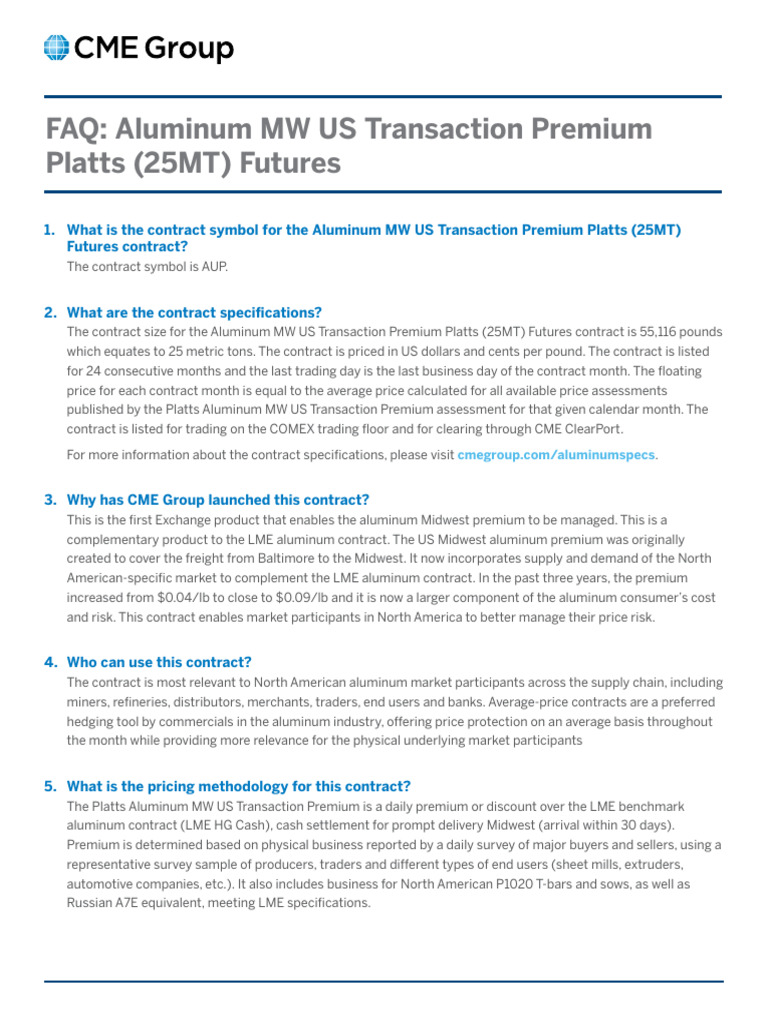 Faq Aluminum MW Us Transaction Premium Swap | PDF | Chicago Mercantile ...