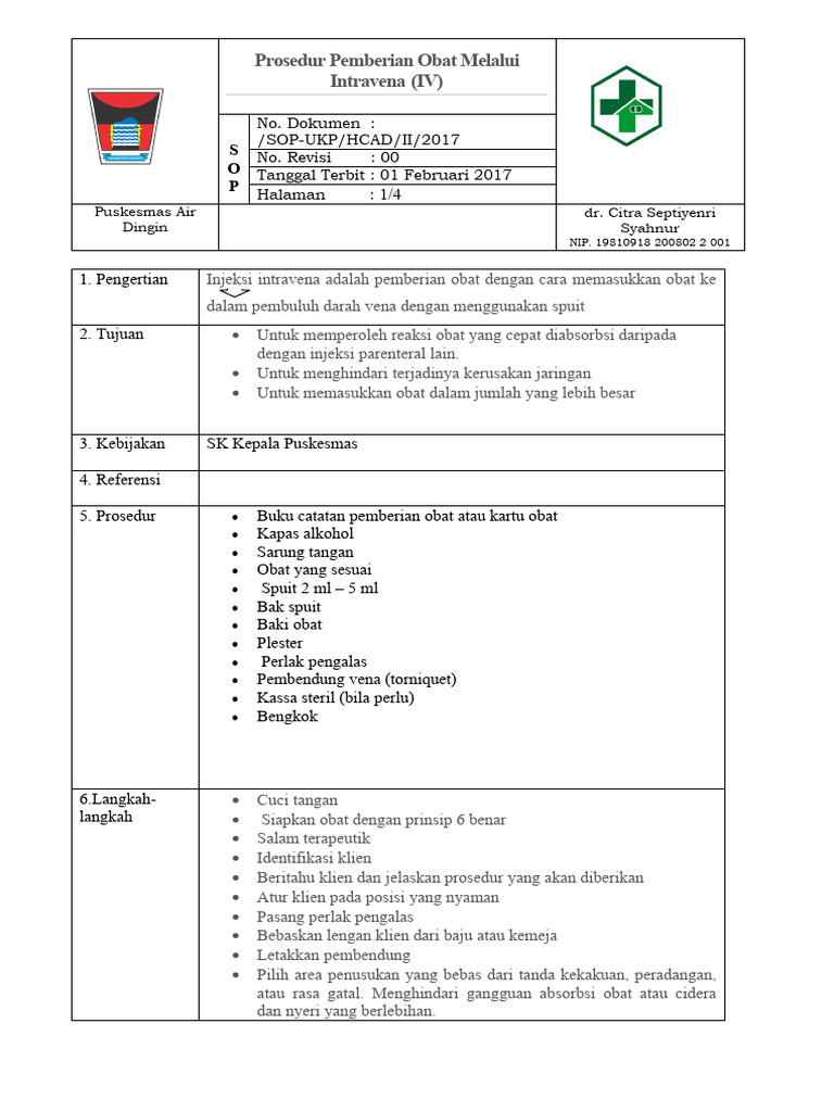 Sop Pemberian Obat Melalui Intravena | PDF