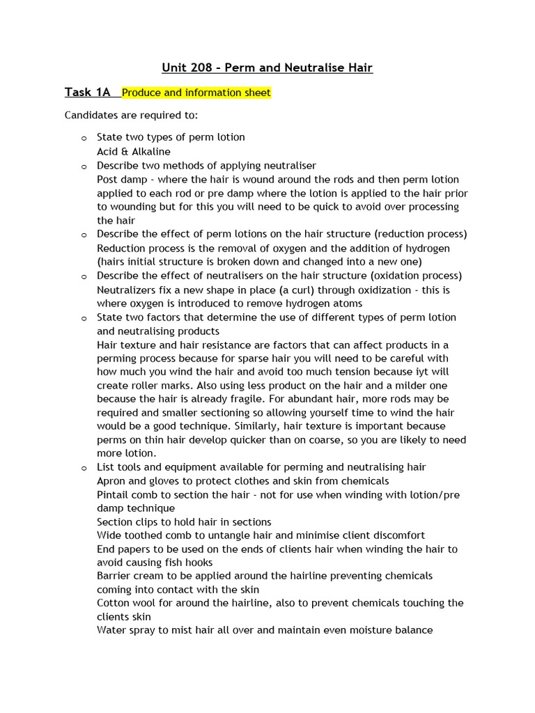 Unit 208 - Perm and Neutralise Hair Task 1A | PDF