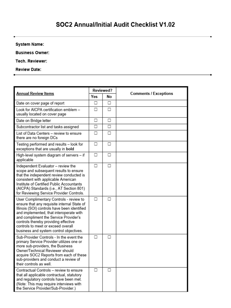 SOC2 Annual Initial Audit Checklist v1 02 Master | PDF | Systems ...