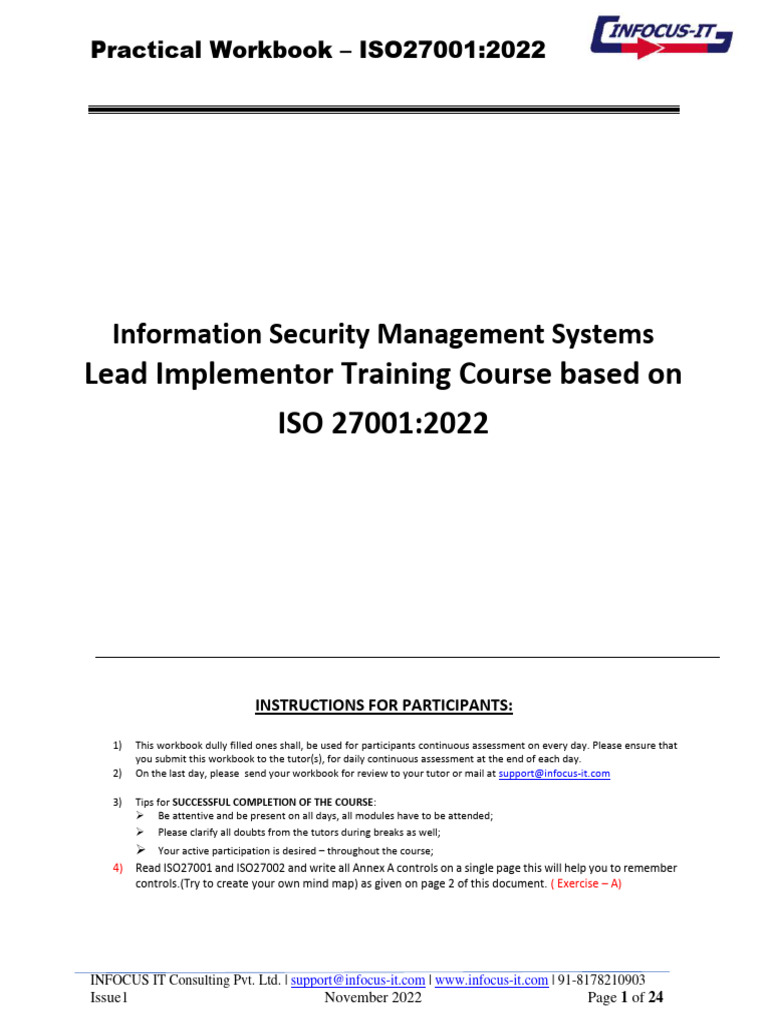 Practical Workbook - IsO27001 Lead Implementor Course | PDF | Information Security | Internal Audit