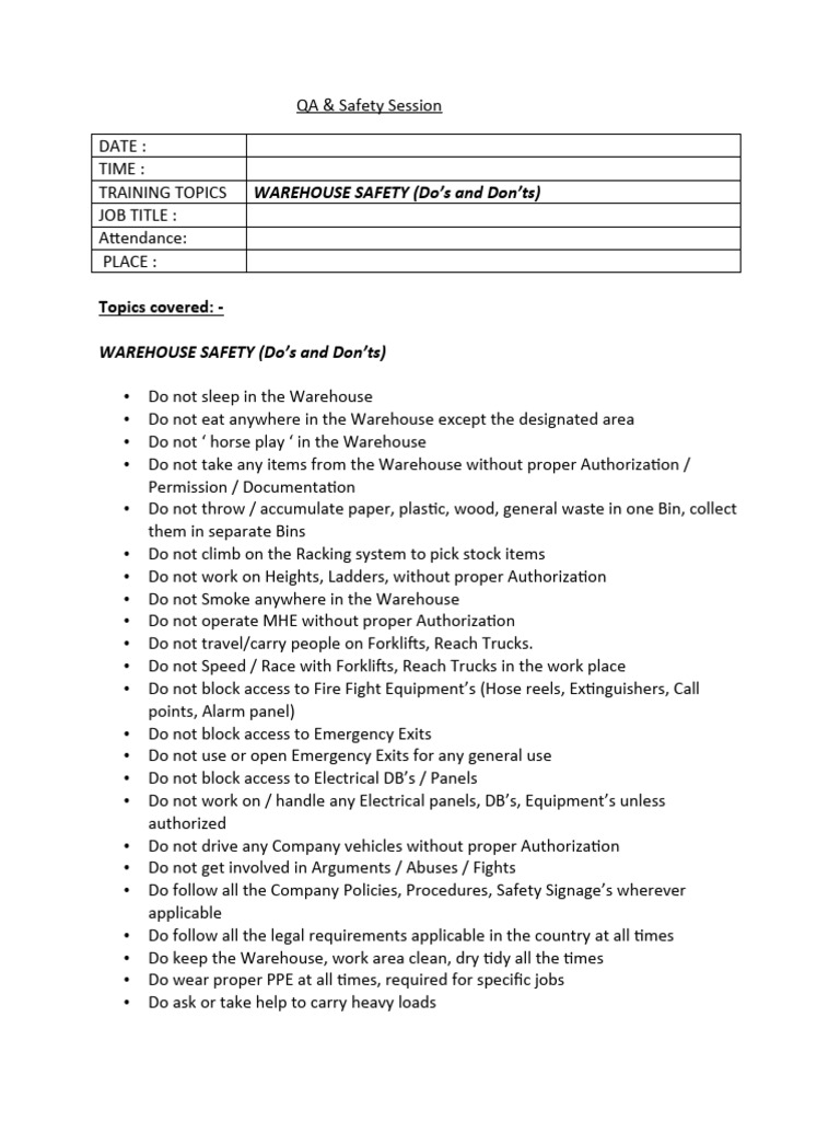 Qa Warehouse Safety Dos And Donts Pdf Warehouse Forklift 