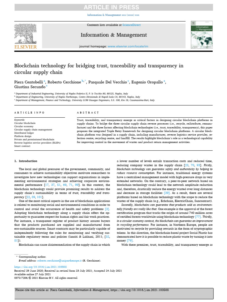Blockchain Technology For Bridging Trust Traceability And Transparency