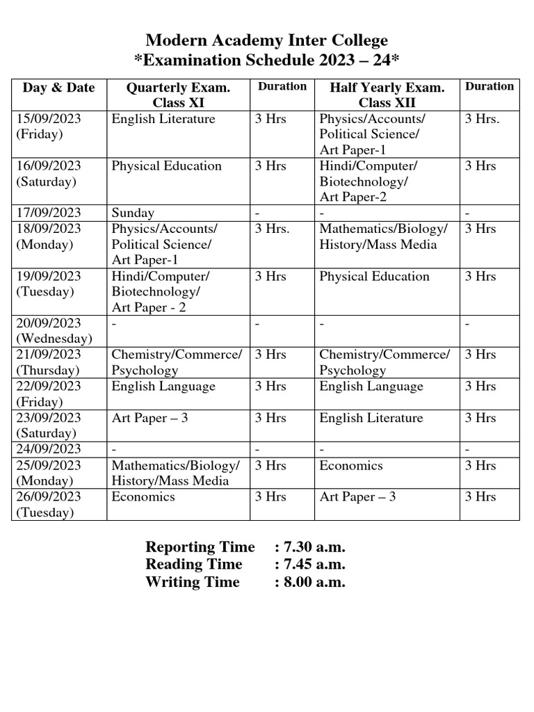 Exam. Schedule Qtly & Half Yly 2023 (XI & XII) | PDF | Science ...