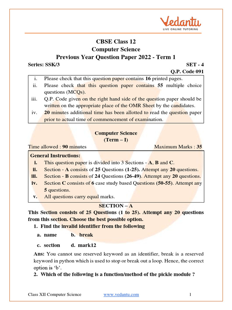 Cbse Class 12 Computer Science Term1 Solved Question Paper 2022 | PDF | Parameter (Computer ...
