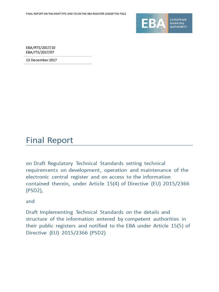Final Report On Final Draft RTS and ITS On EBA Register Under PSD2 (EBA ... Final Report On Final Draft RTS and ITS On EBA Register Under PSD2 (EBA ...