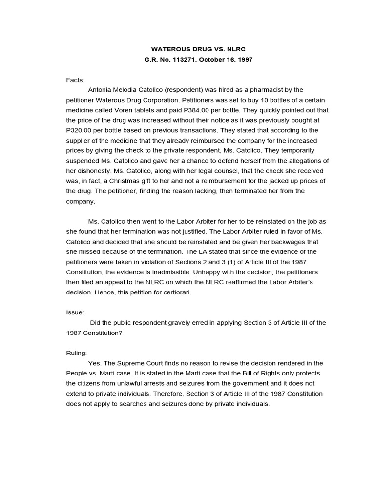 WATEROUS DRUG VS NLRC Case Digest | PDF | Law