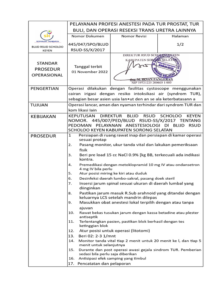Prosedur Anestesi TUR Prostat RSUD | PDF | Sains & Matematika