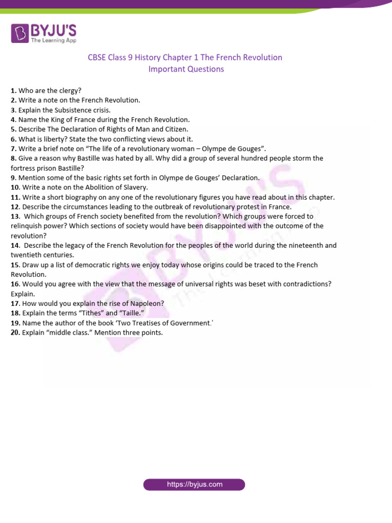 CBSE Class 9 History Chapter 1 The French Revolution Important Questions | PDF