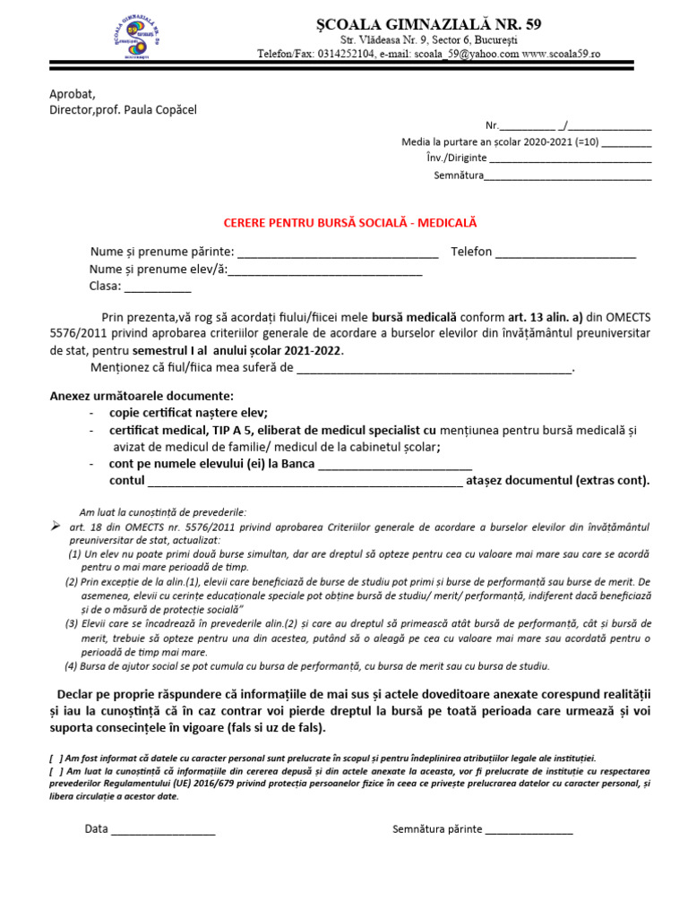 Cerere Bursa Sociala Medicala | PDF