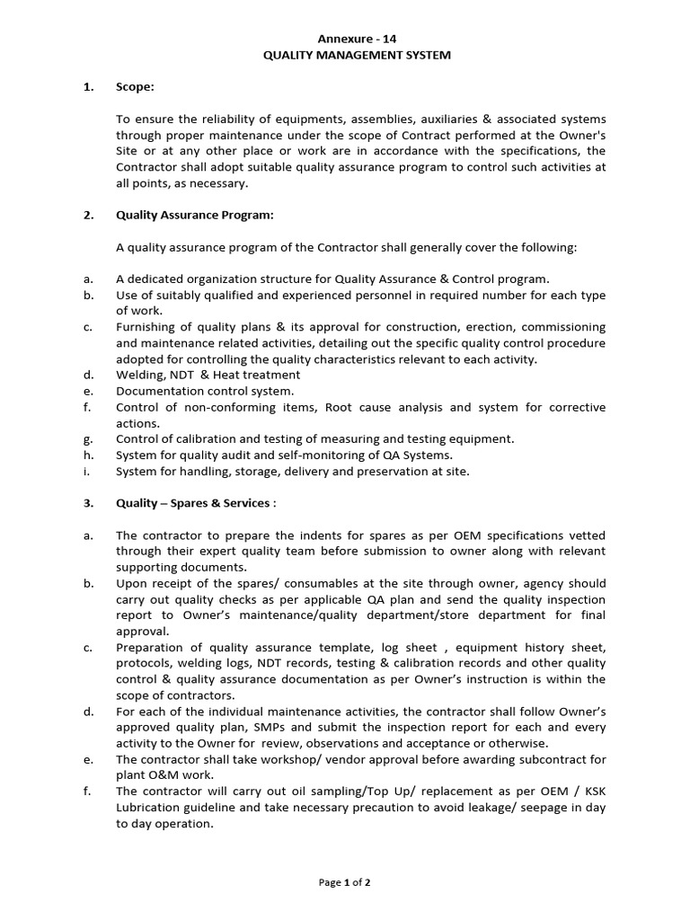 Annexure 14 - Quality management System | PDF