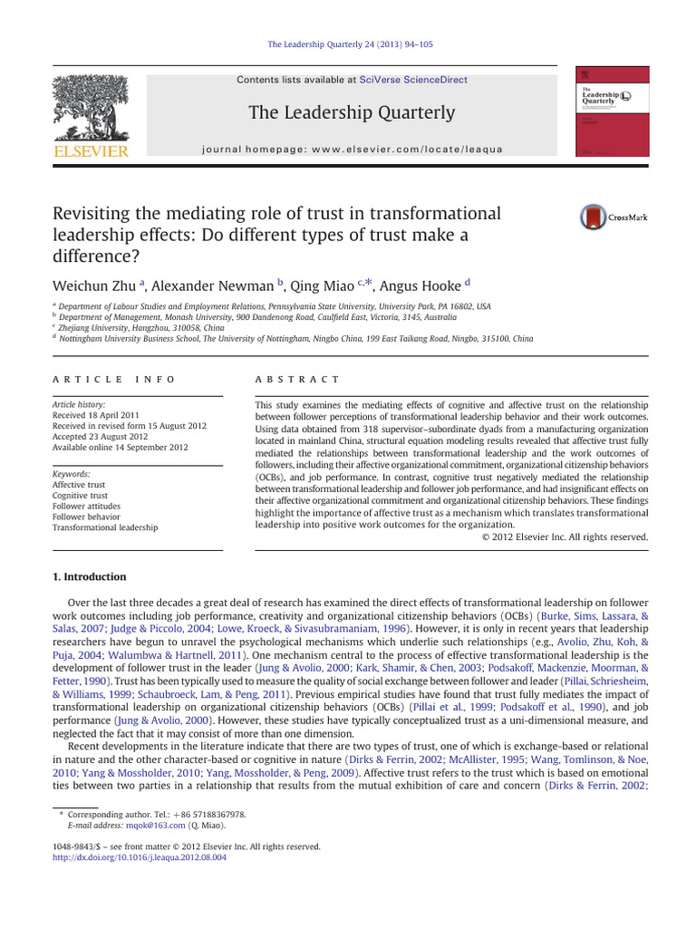 Revisiting The Mediating Role of Trust in Transformational Leadership Effects Do Different Types ...