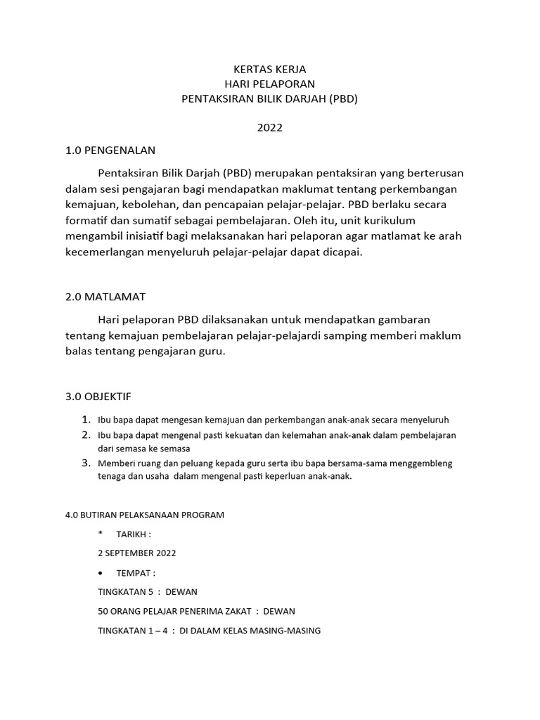 Kertas Kerja Hari Pelaporan PBD | PDF