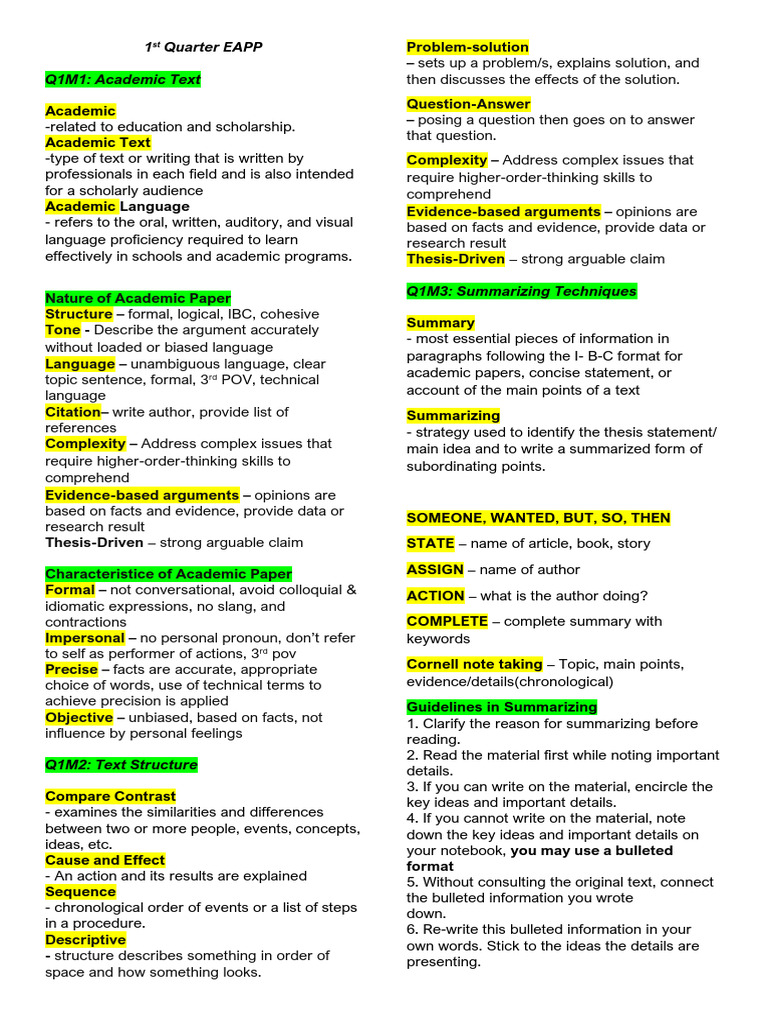 EAPP Grade 11 1st Quarter Overview | PDF | Essays | Thesis