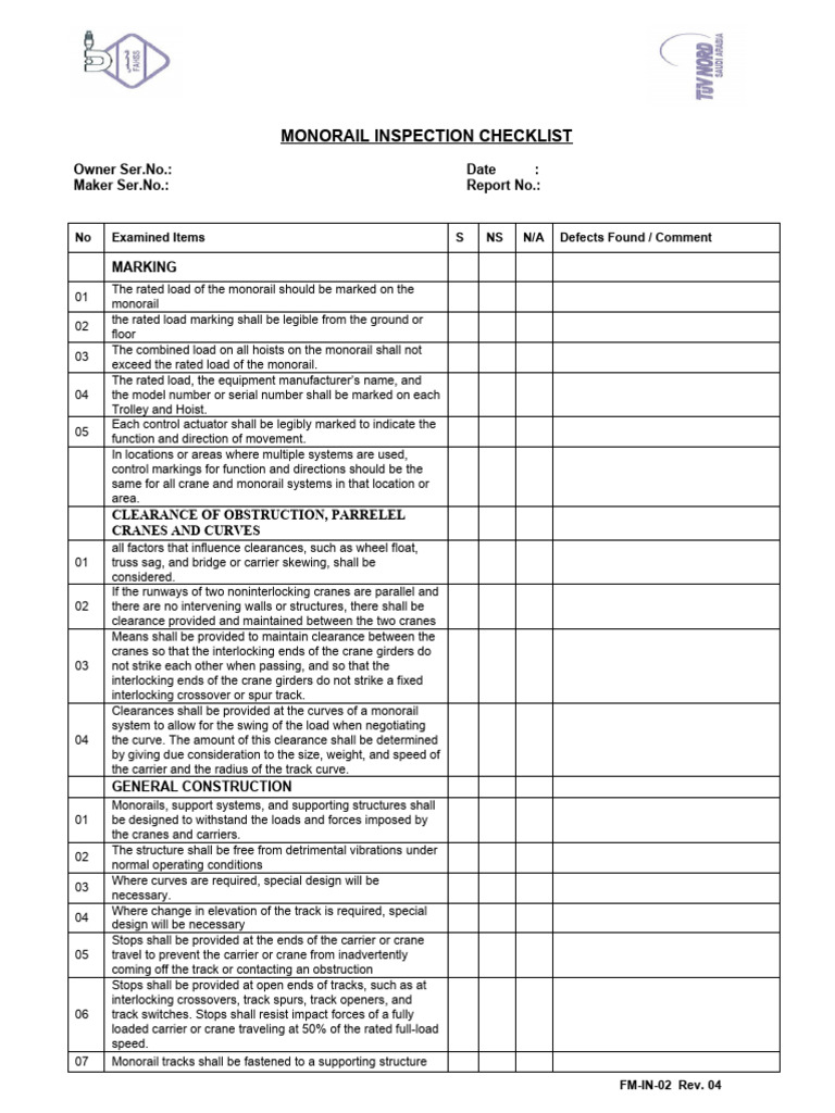 Monorail Inspection Checklist Guide | PDF | Computers | Technology & Engineering