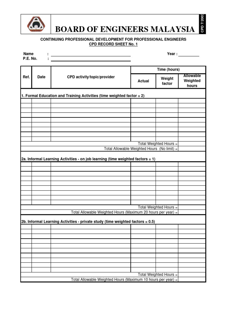 CPD Record Sheet for Engineers | PDF | Professional Development ...