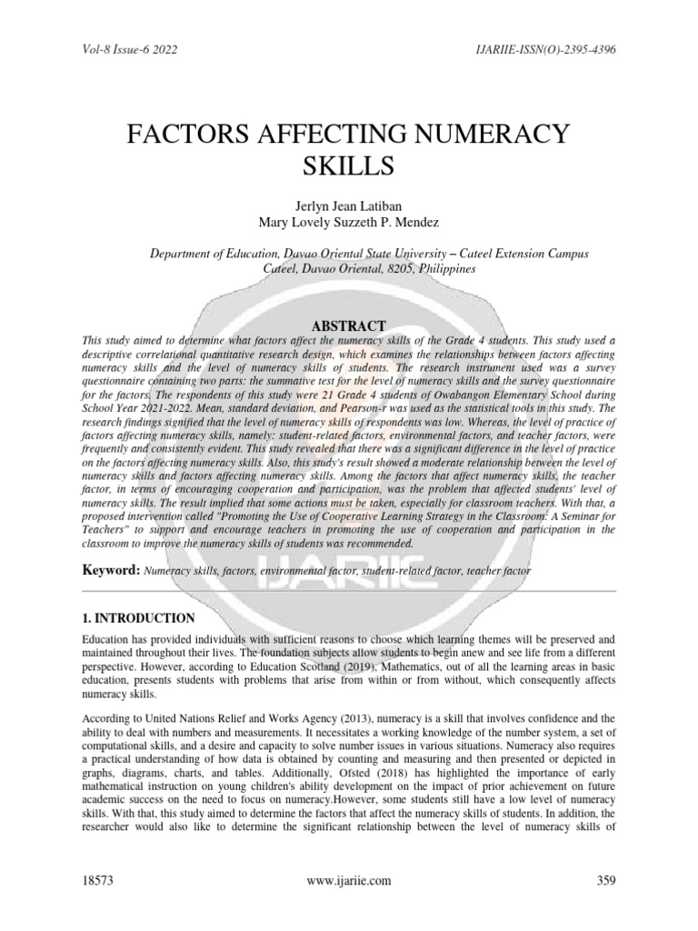 Factors Influencing Numeracy Skills | PDF | Teachers | Classroom