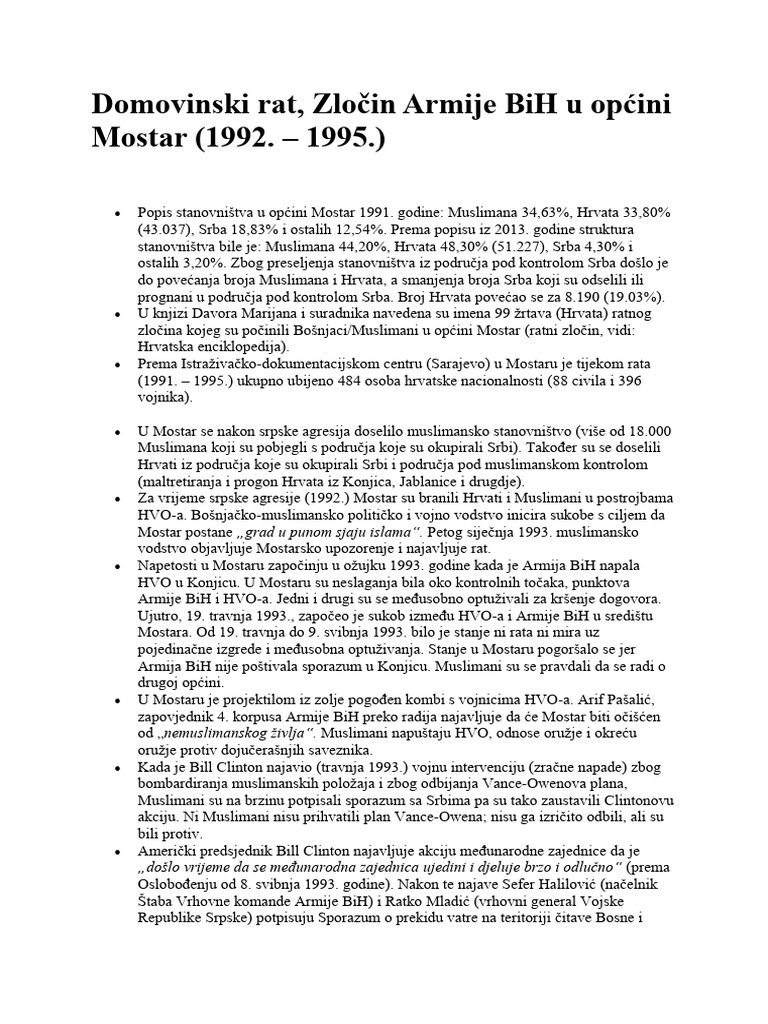 Domovinski Rat Zločin Armije BiH U Općini Mostar 1992-1995 | PDF