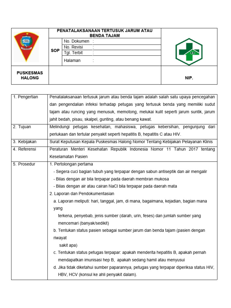 SOP Tertusuk Jarum Atau Benda Tajam | PDF