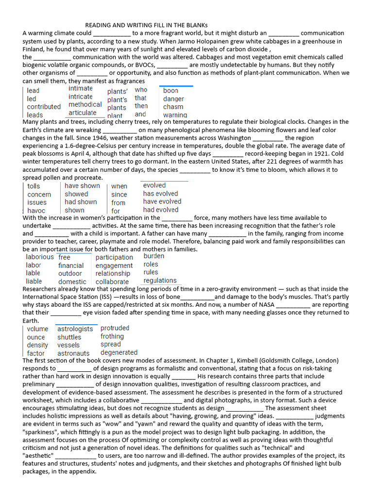 Reading and Writing Fill in The Blanks Test | PDF