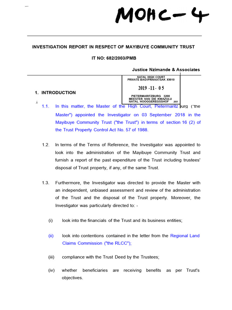 Mayibuye Community Trust Investigation Report | PDF | Trust Law | Trustee