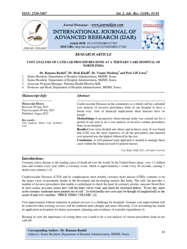 Cost Analysis of Cath Lab in India | PDF | Percutaneous Coronary ...