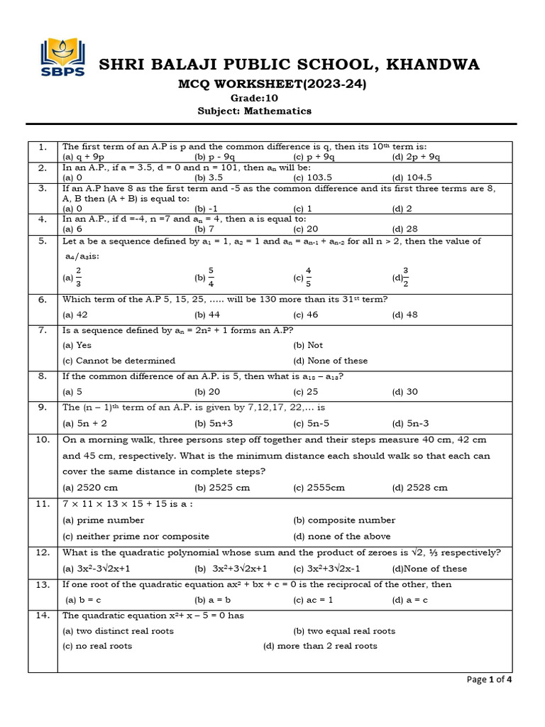 Grade 10 Math MCQ Worksheet | PDF