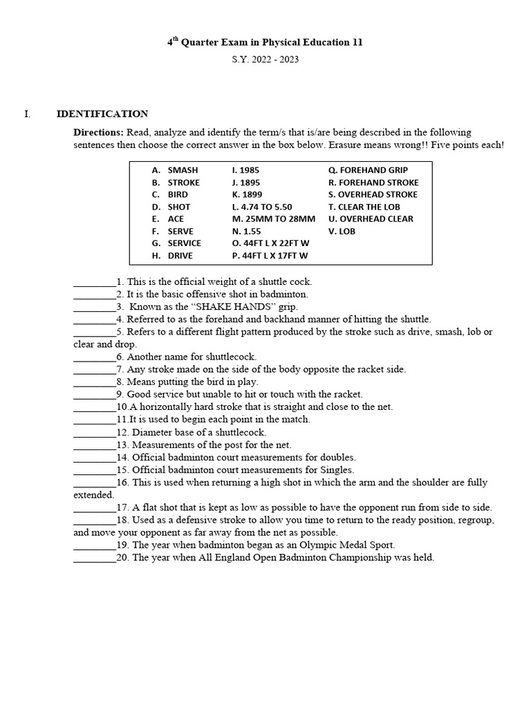 Grade 11 PE 4th Quarter Exam Guide | PDF | Games Of Physical Skill ...