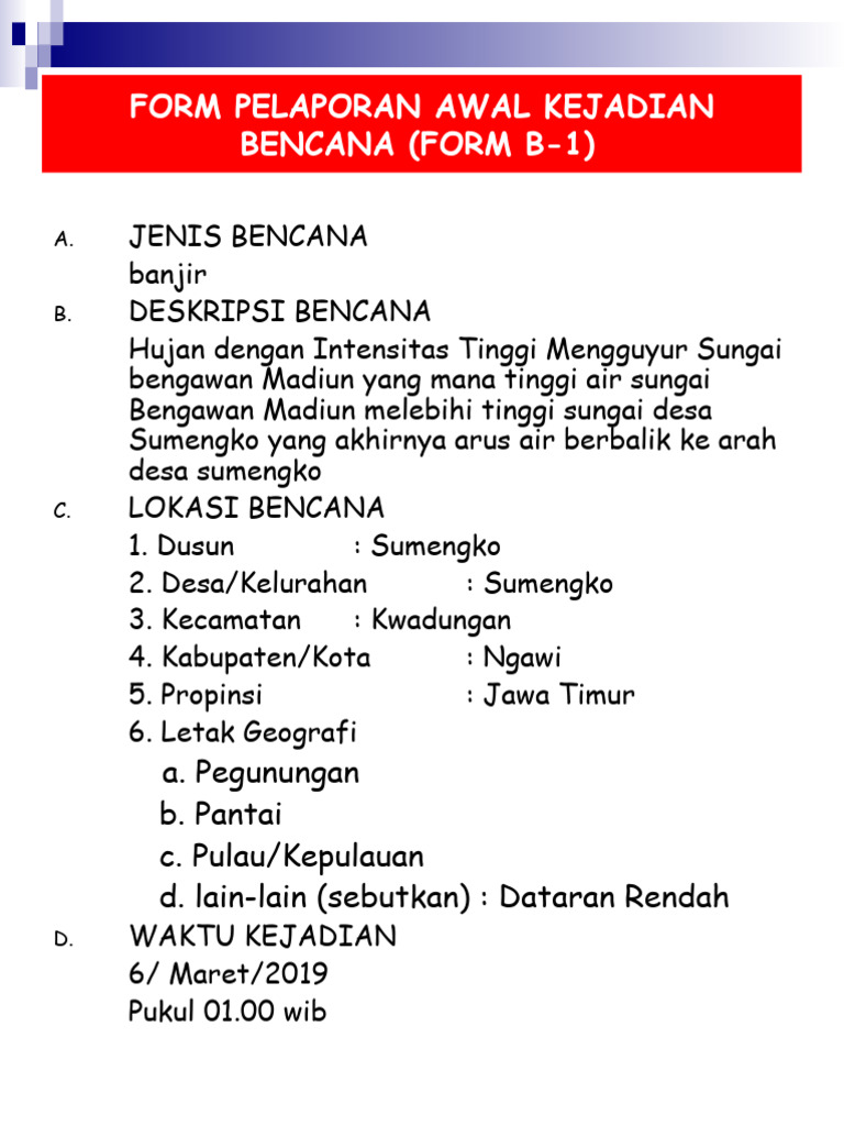 Form B-1 Kejadian Awal Bencana | PDF