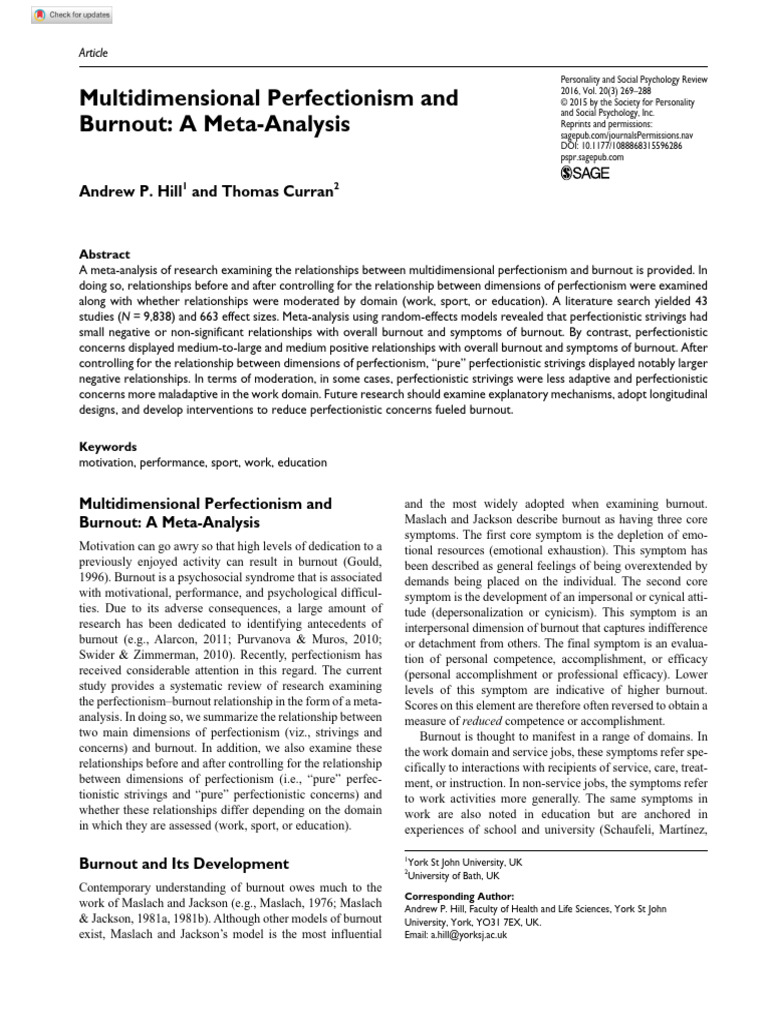 Multidimensional Perfectionism and Burnout: A Meta-Analysis: Andrew P. Hill and Thomas Curran ...