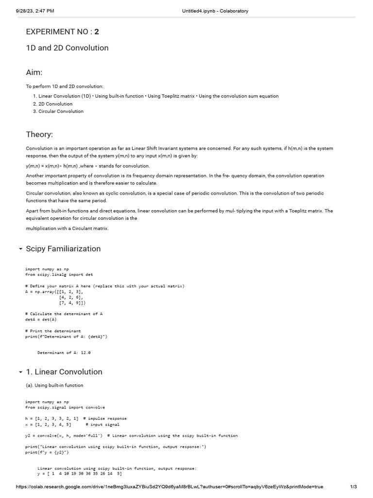 1D and 2D Convolution Experiment No: 2 | PDF | Convolution | Determinant