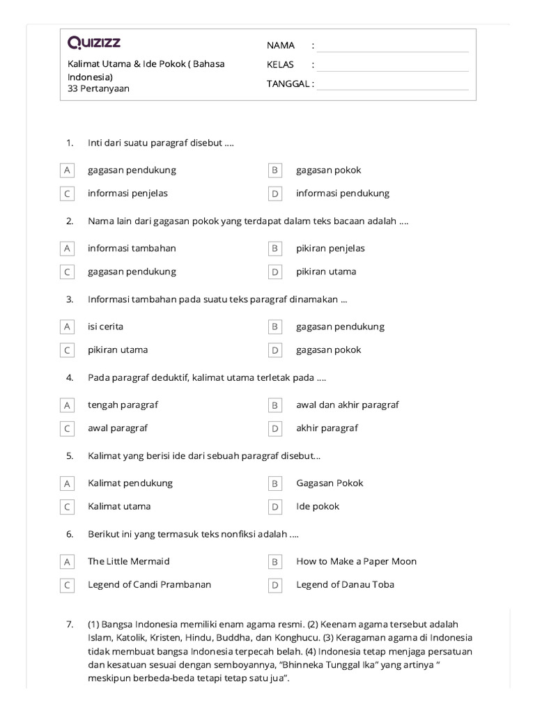 Kalimat Utama & Ide Pokok (Bahasa Indonesia) | PDF