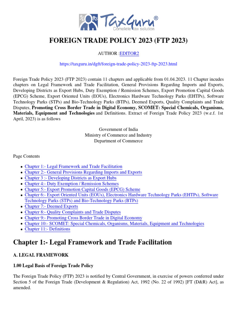 Foreign Trade Policy 2023 (FTP 2023) - Taxguru - in | PDF