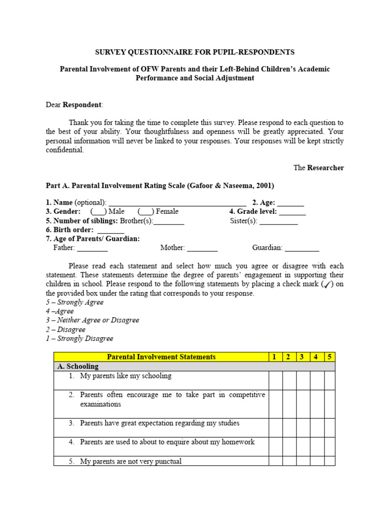 Questionnaires On Parental Involvement | PDF