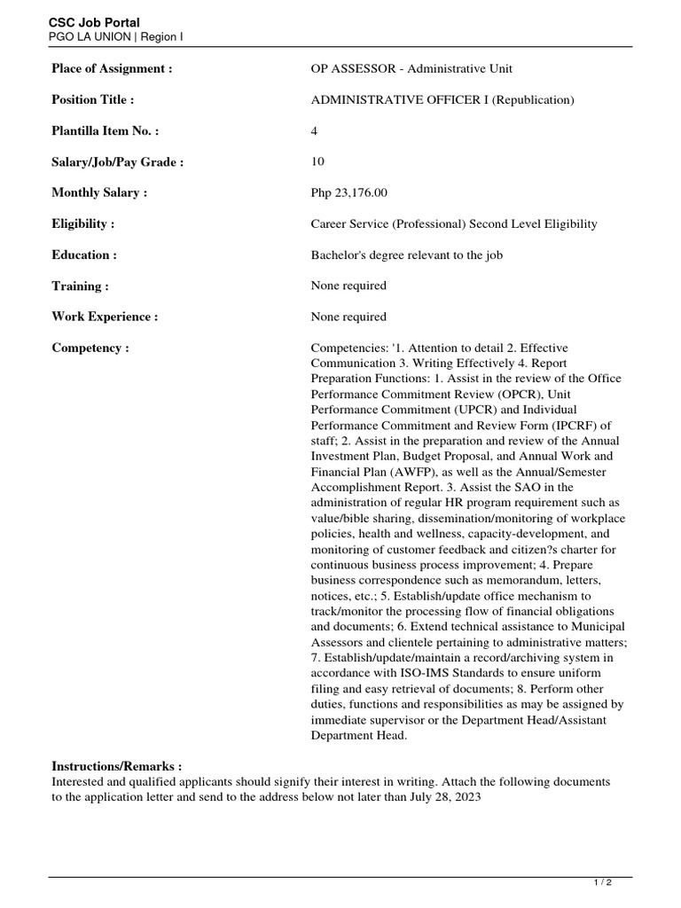 PGO LA UNION-ADMINISTRATIVE OFFICER I Republication | Download Free PDF | Business