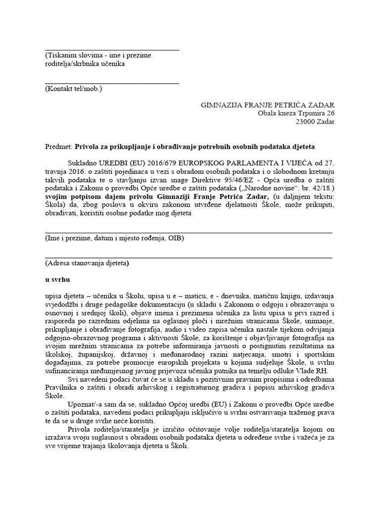 Obrazac Privole Upis 2022 | PDF