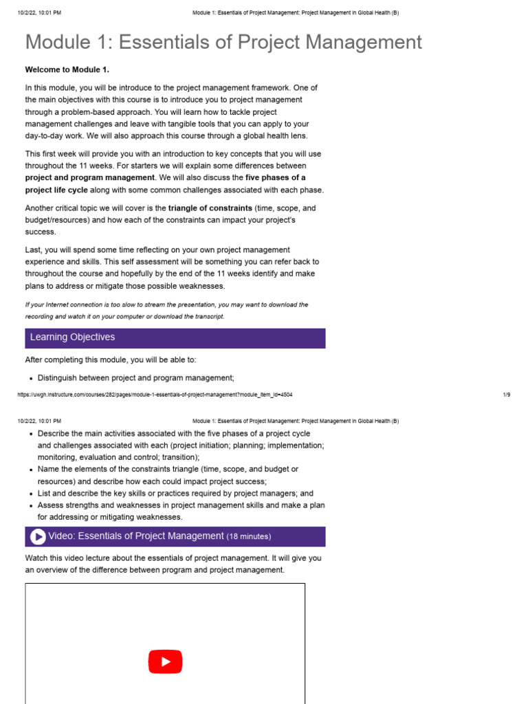 Module 1 - Essentials of Project Management - Project Management in Global Health (B) | PDF ...