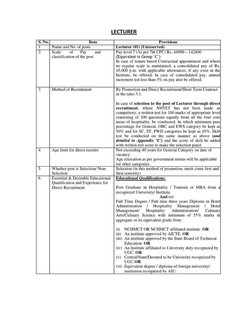 Eligibility Experience For The Post of LECTURER | PDF | Lecturer | Educational Stages
