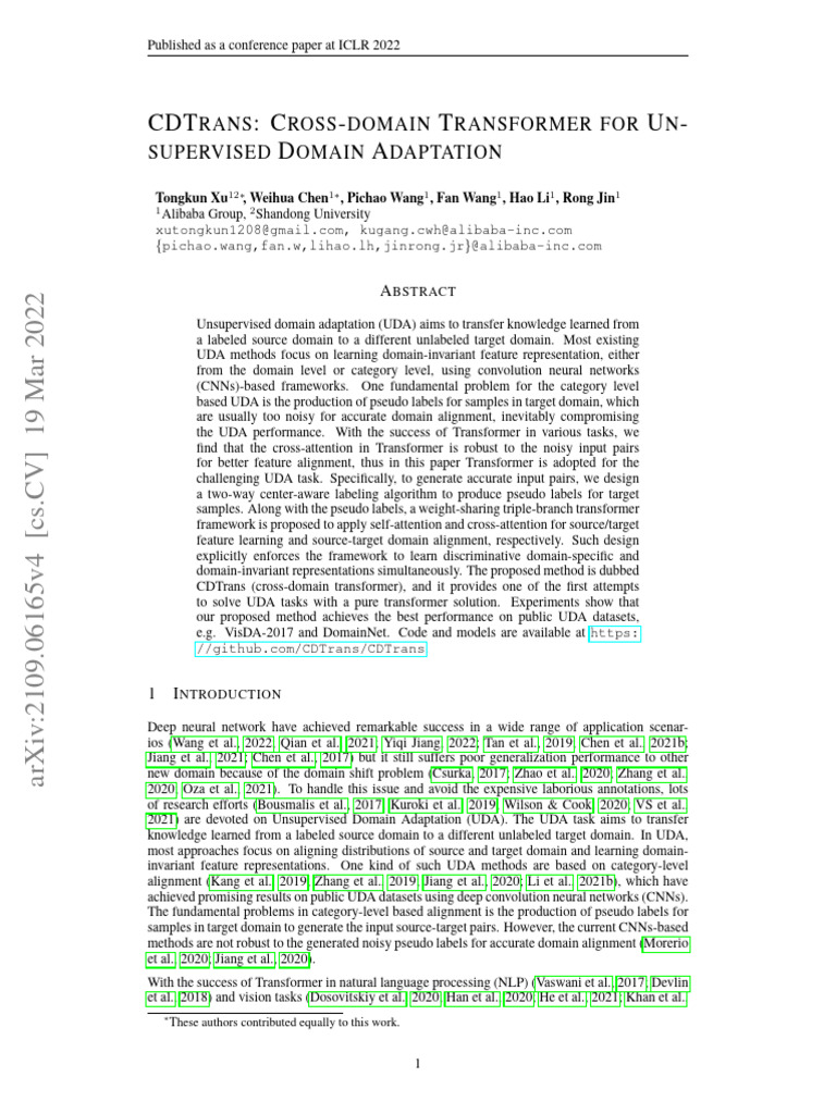 CDTRANS CROSS-DOMAIN TRANSFORMER FOR UNSUPERVISED DOMAIN ADAPTATION | PDF | Cognition | Cybernetics