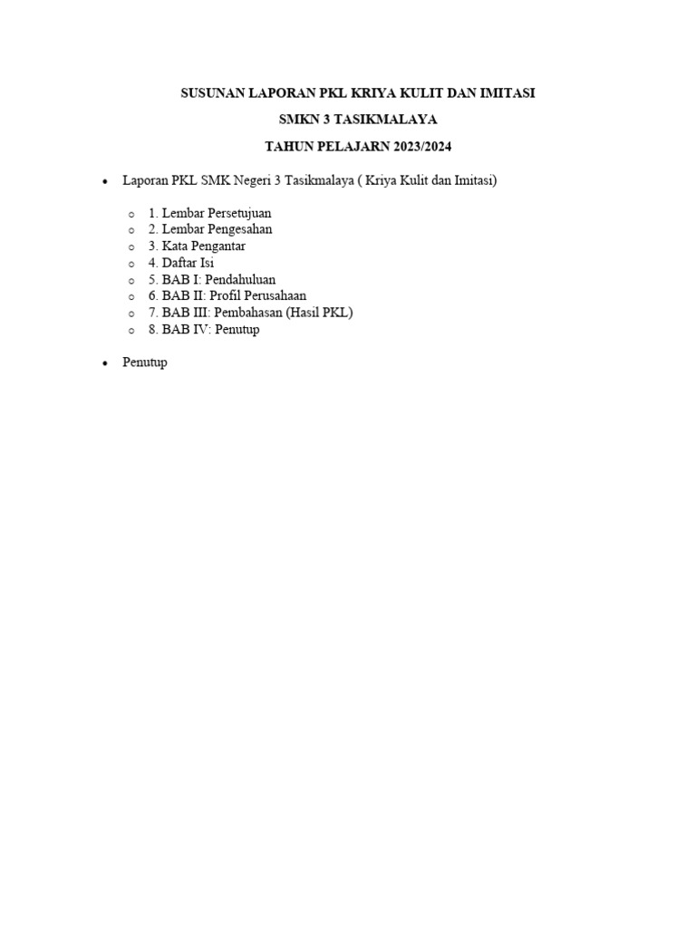 Format Laporan PKL Kriya Kulit Dan Imitasi 2023 | PDF