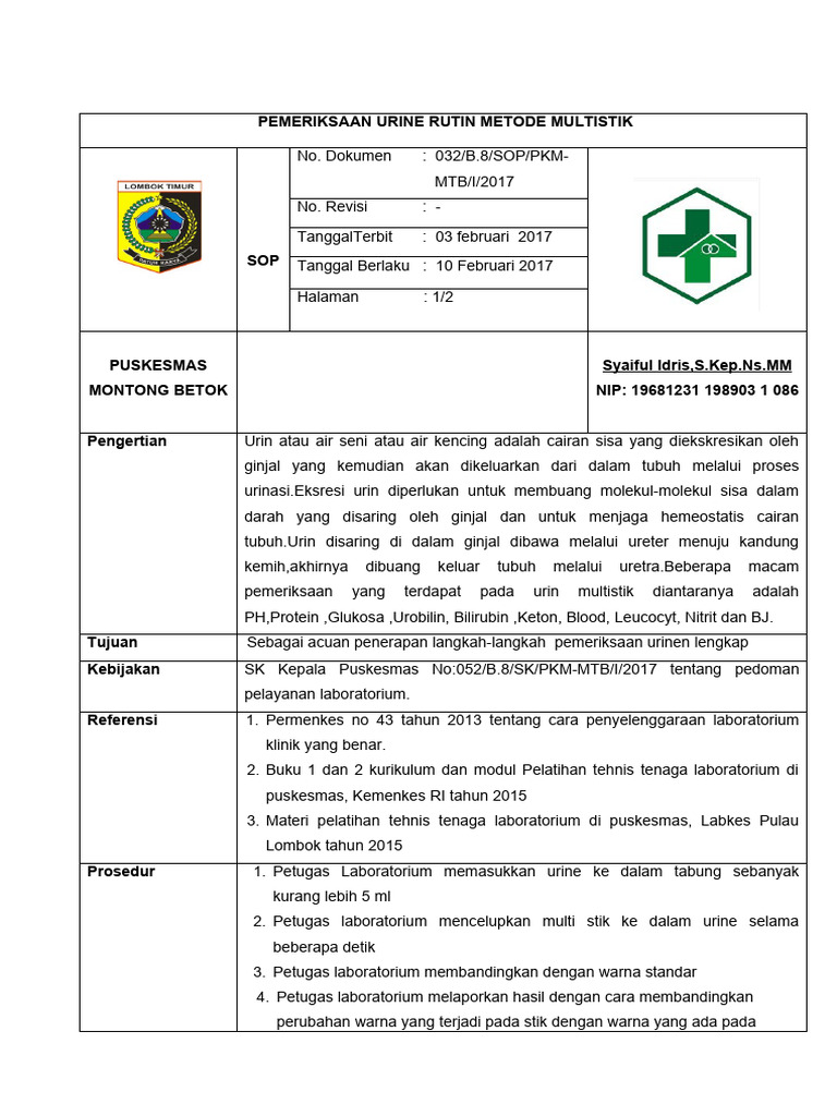 SOP Pemeriksaan Laboratorium Urinalisa | PDF